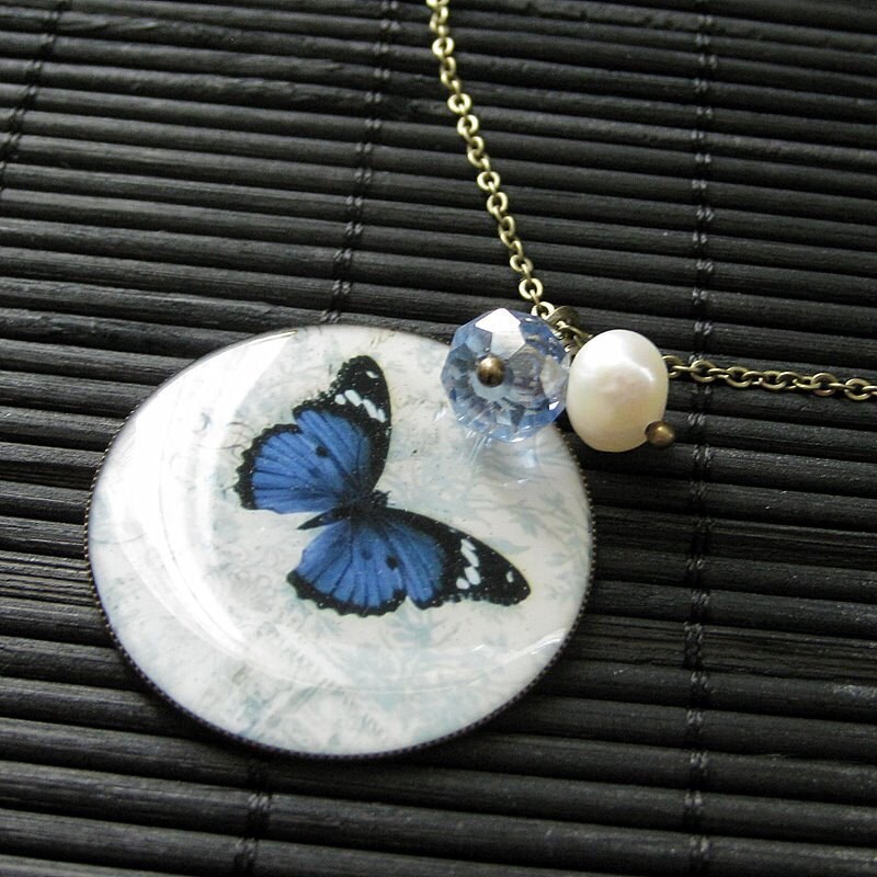 Morpho Butterfly Necklace in Bronze With Blue Crystal Charm and Fresh ...