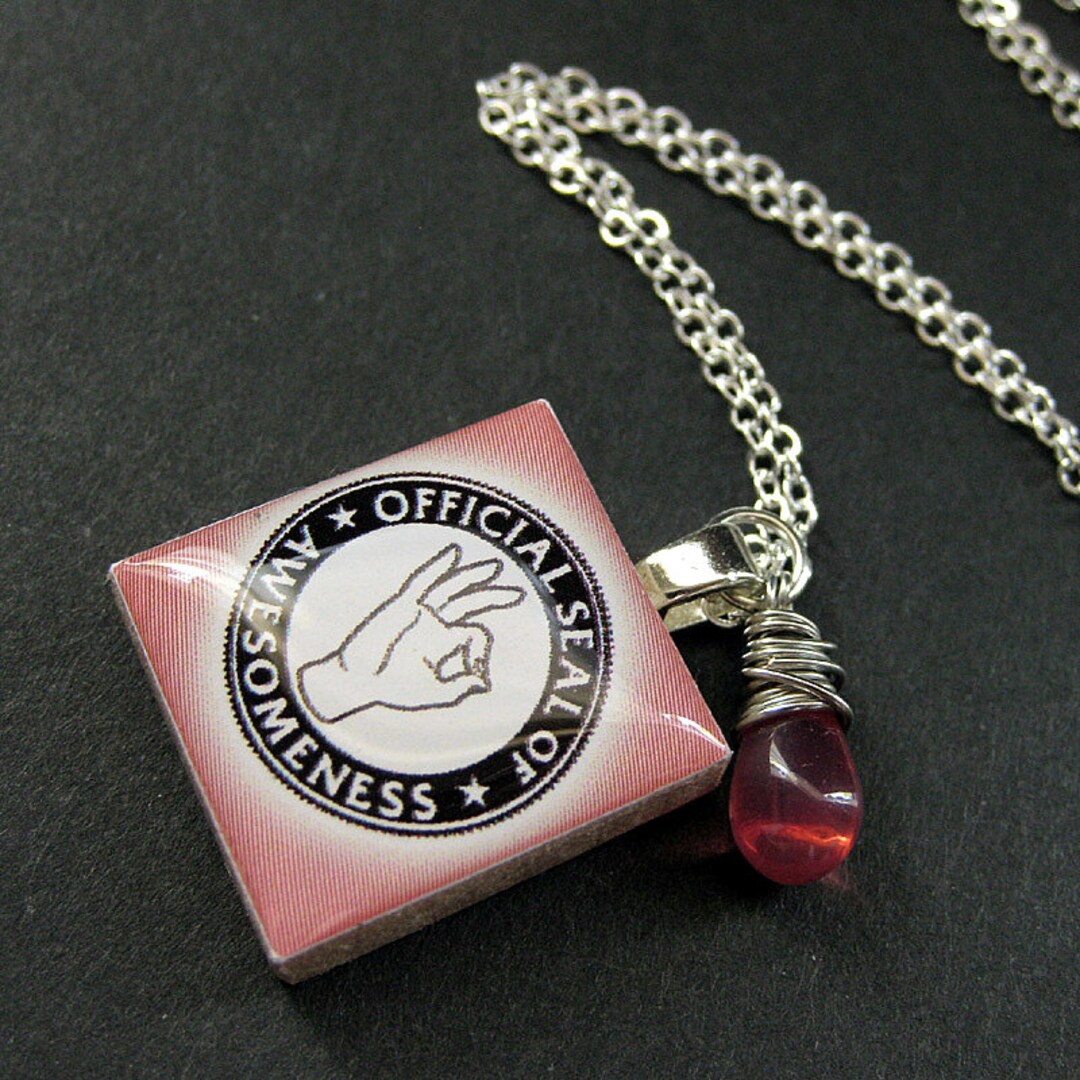 Scrabble Tile Necklace. Seal of Awesomeness Charm Necklace With Pink ...