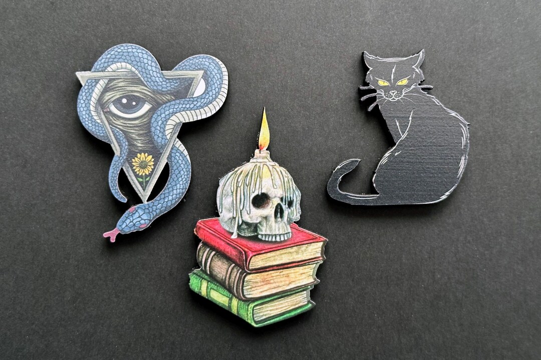 Halloween Fridge Magnets. Set of Three. Snake Triangle, Skull on Books ...
