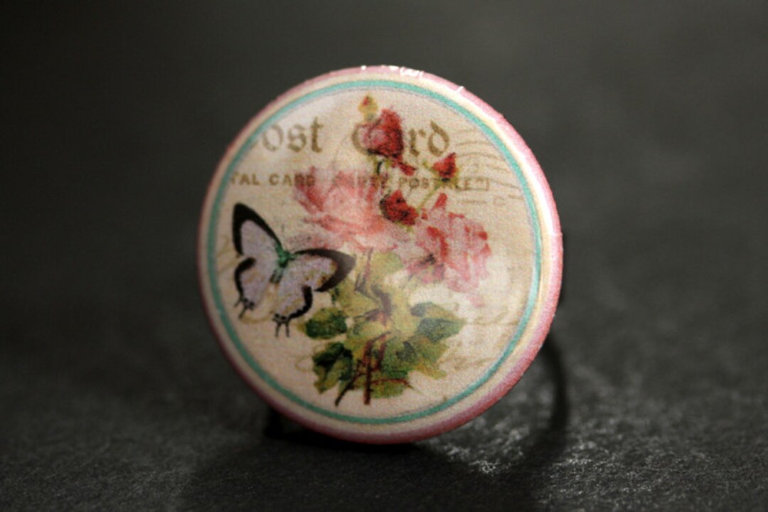 Butterfly Ring. Rose Bush Ring. Nature Ring. Graphic Button Ring. Pink ...