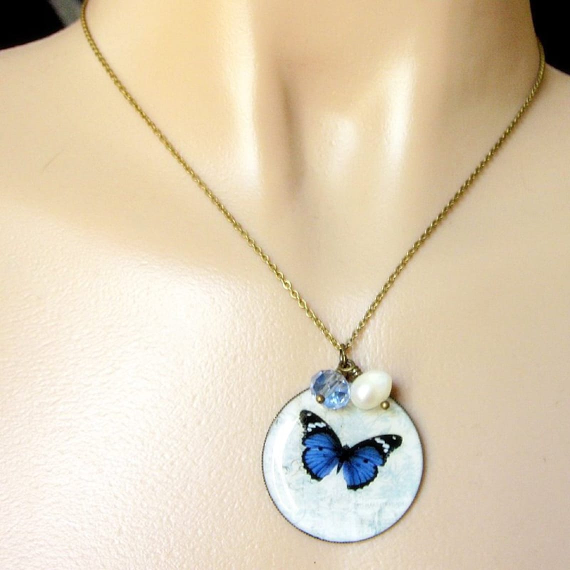 Morpho Butterfly Necklace in Bronze With Blue Crystal Charm and Fresh ...
