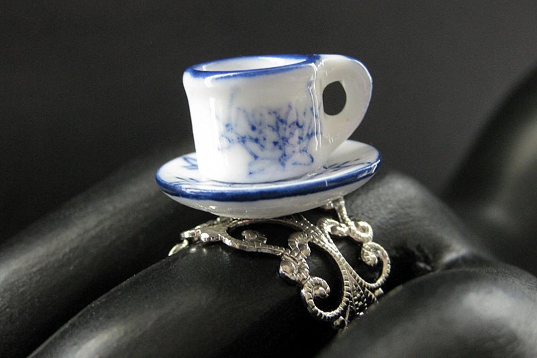 Teacup Ring. Blue and White China Cup Ring. Silver Filigree Adjustable ...