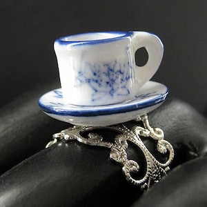 Teacup Ring. Blue and White China Cup Ring. Silver Filigree Adjustable ...