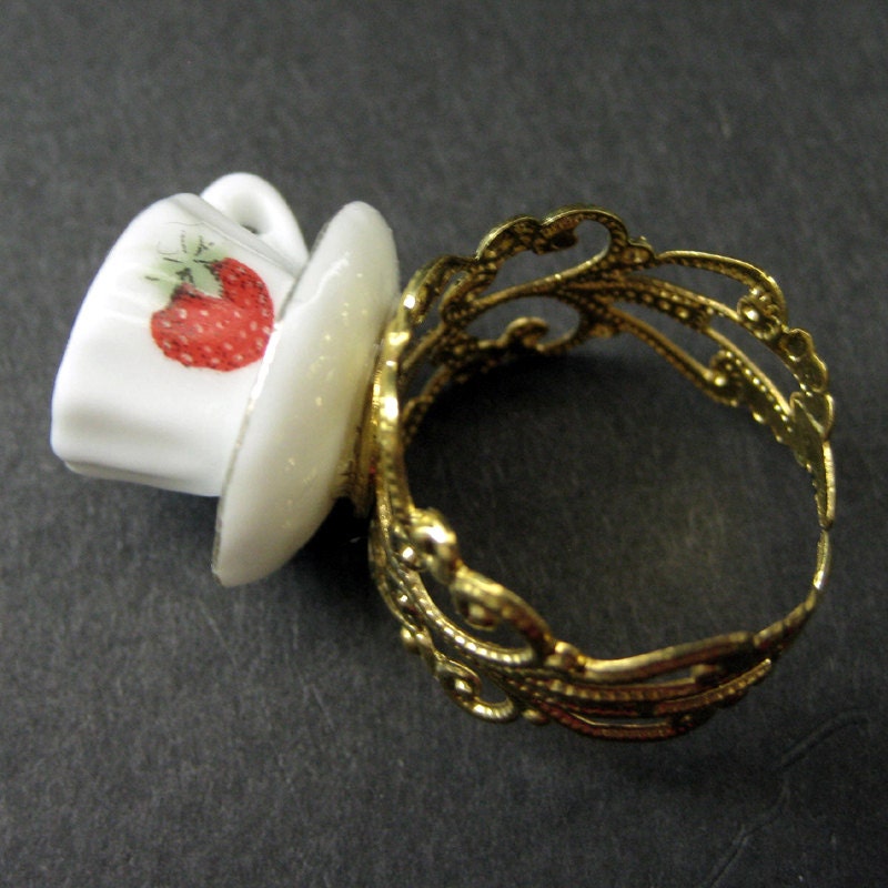 Strawberry Teacup Ring. Porcelain Tea Cup Ring. Gold Filigree ...