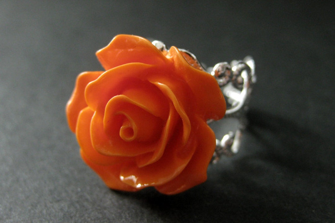 Orange Rose Ring. Orange Flower Ring. Filigree Ring. Adjustable Ring. Flower Jewelry. Handmade ...