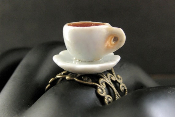 Coffee Cup Ring. Diner Coffee. White Teacup Ring with Resin | Etsy