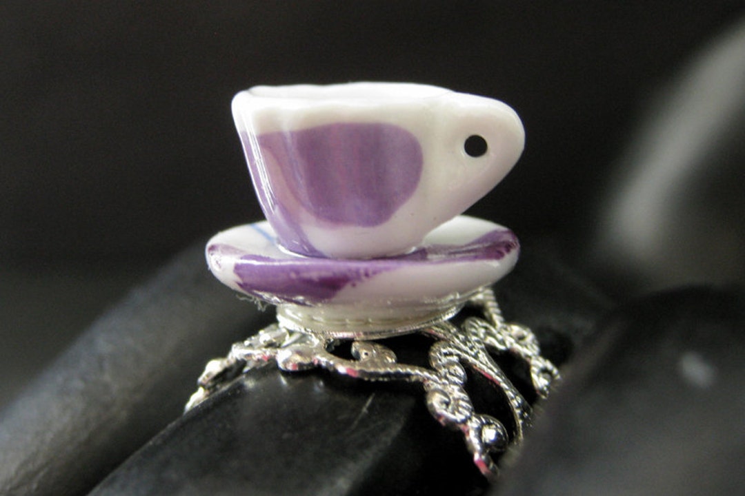 Teacup Ring. China Cup Ring With Purple Splat. Silver Filigree ...
