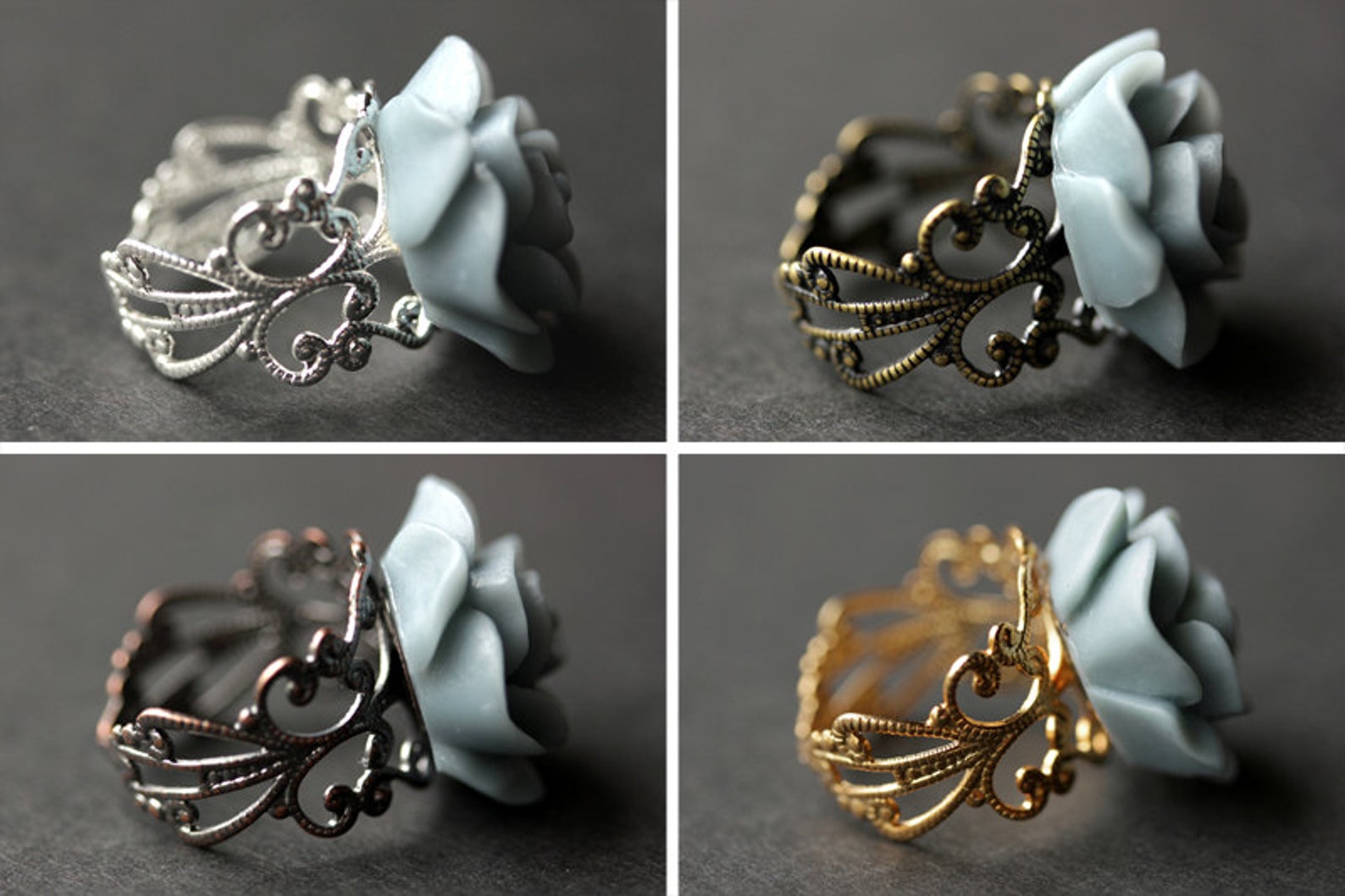 Gray Blue Rose Ring. Blue Grey Flower Ring. Gold Ring. Silver Ring ...