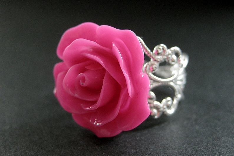 Hot Pink Rose Ring. Pink Flower Ring. Filigree Adjustable Ring. Flower ...
