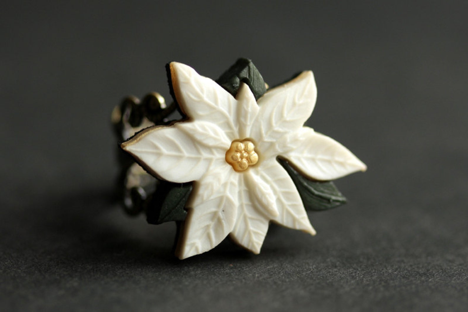 White Poinsettia Flower Ring. Christmas Ring. White Flower Ring ...