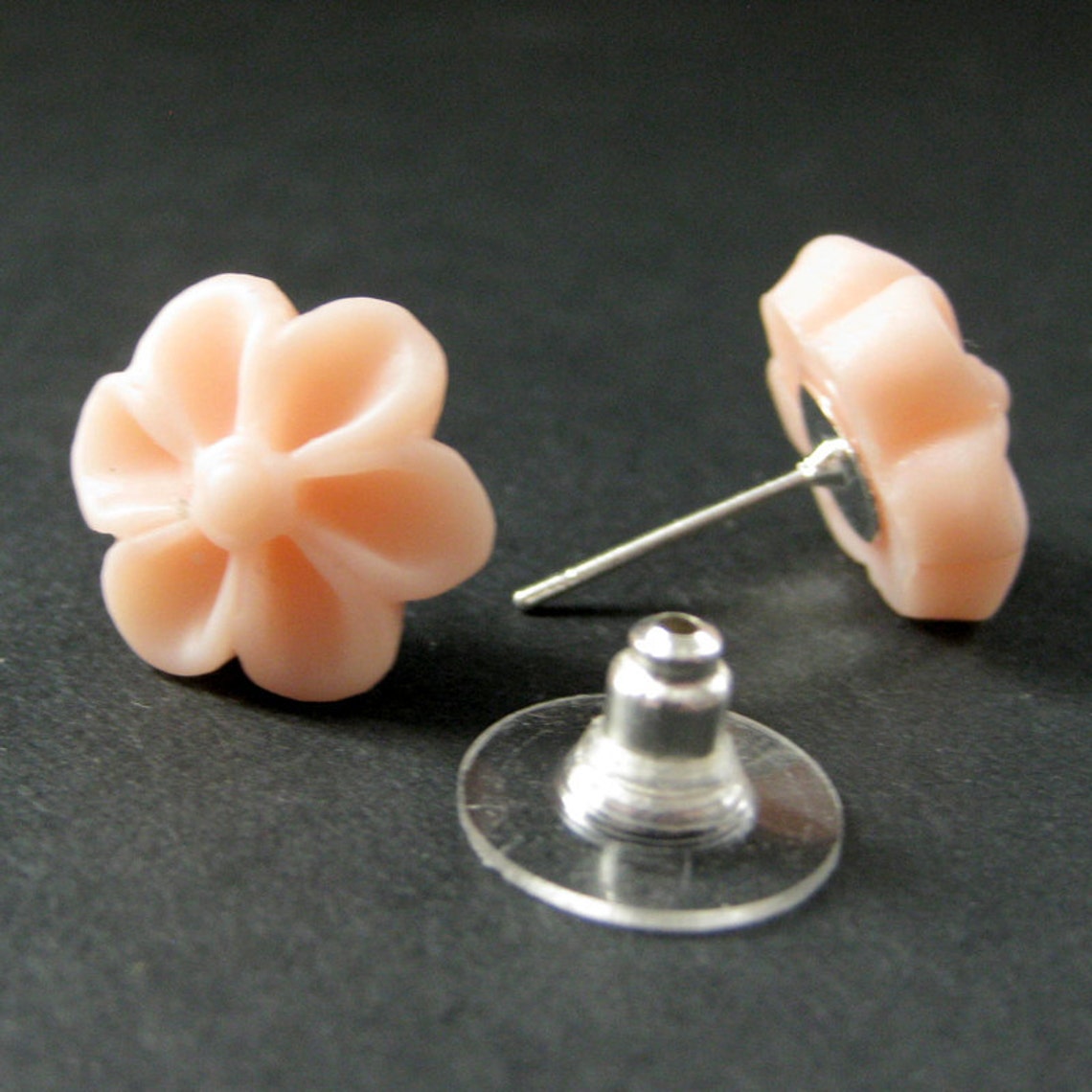Soft Peach Flower Earrings With Silver Earring Posts. Outie Button ...