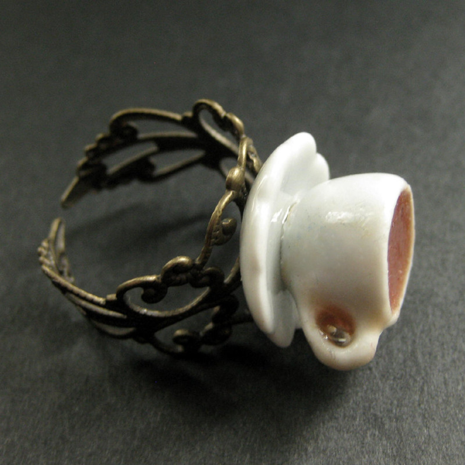 Coffee Cup Ring. Diner Coffee. White Teacup Ring With Resin Coffee Fill ...