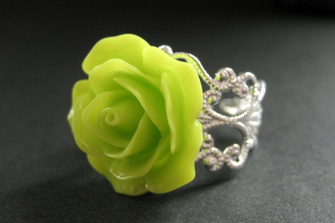 Lime Green Rose Ring. Lime Flower Ring. Filigree Adjustable Ring ...