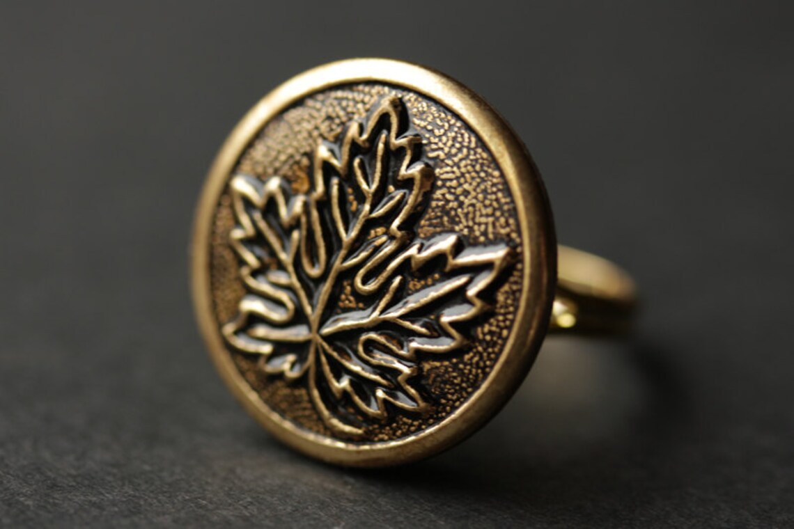Maple Leaf Ring. Gold Ring. Leaf Embossed Ring. Nature Ring. Button ...