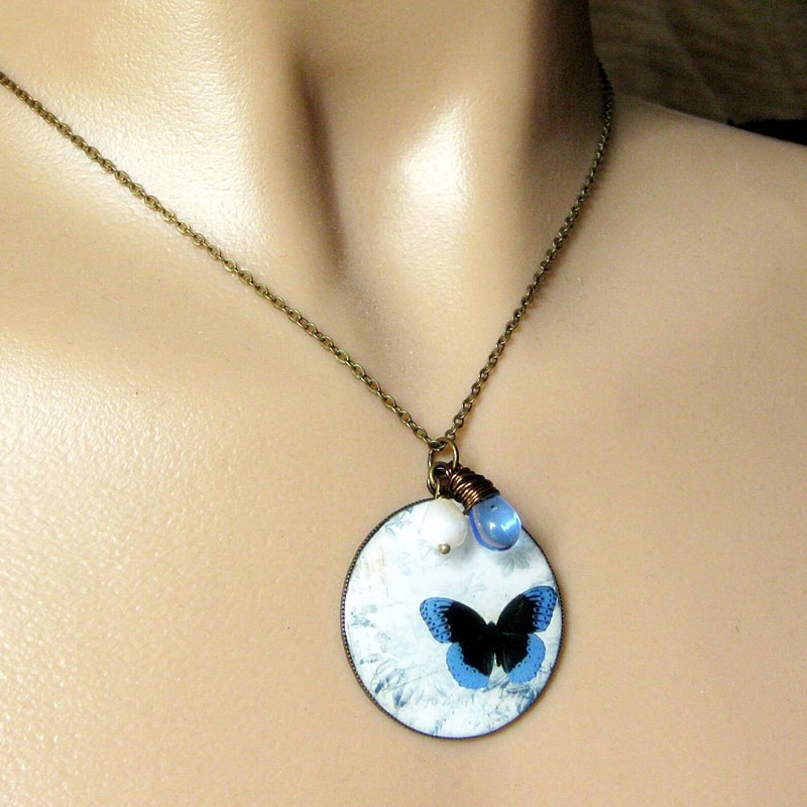 Blue Butterfly Charm Necklace in Bronze With Wire Wrapped Blue Teardrop ...