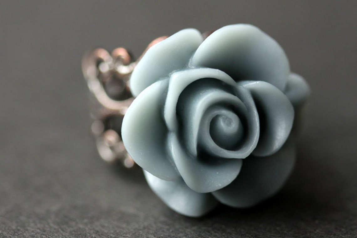 Gray Blue Rose Ring. Blue Grey Flower Ring. Gold Ring. Silver - Etsy