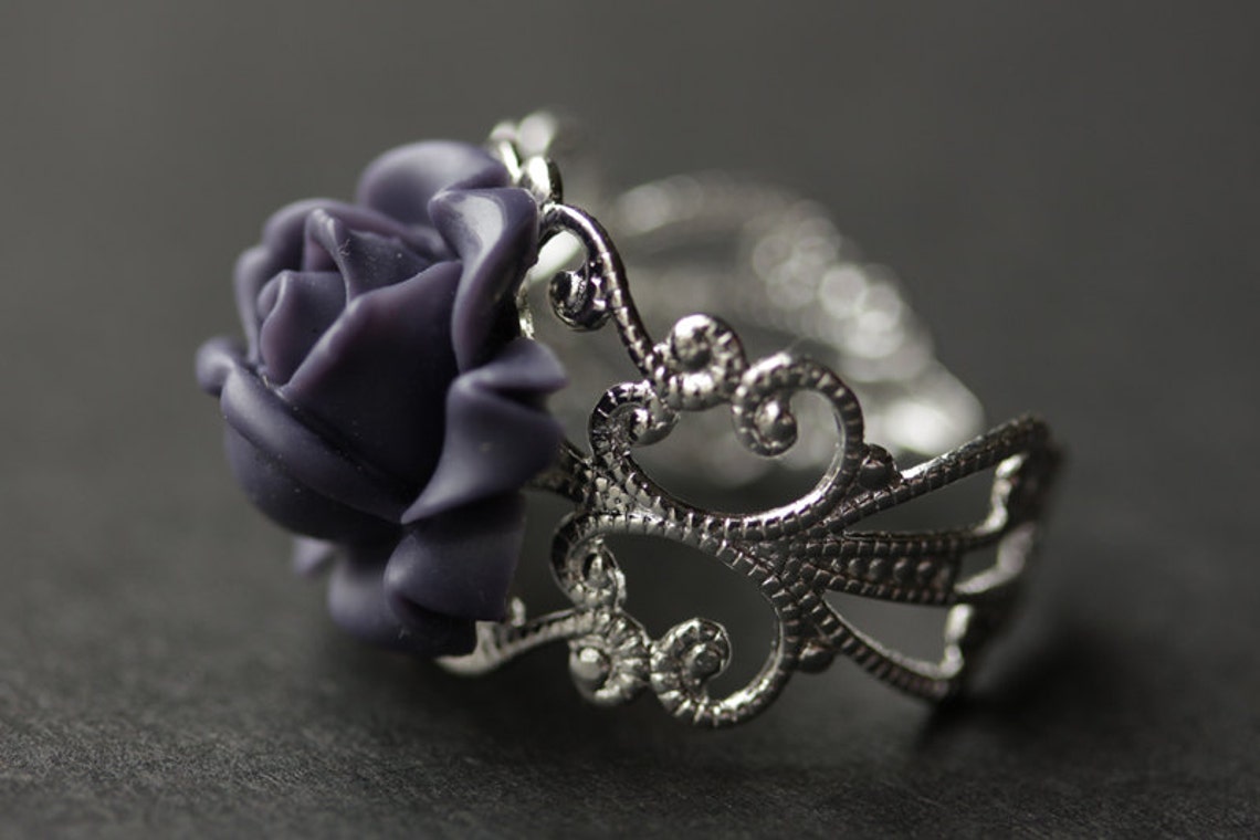 Rose Ring. Purple Rosebud Ring. Dark Purple Flower Ring. | Etsy