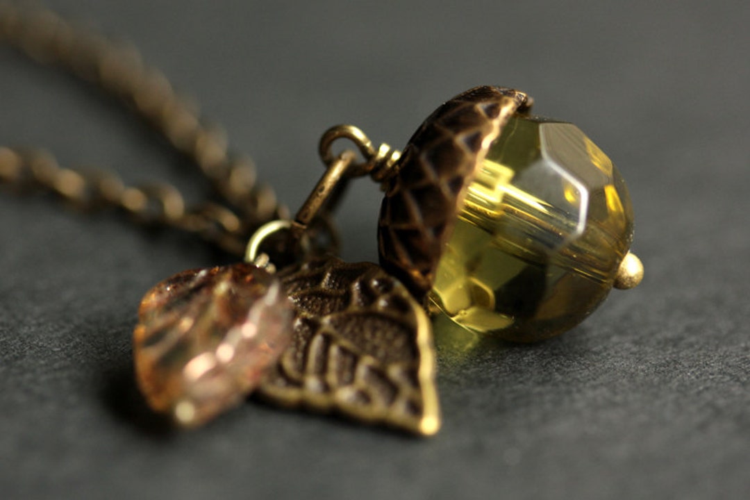 Olive Green Acorn Pendant. Crystal Acorn Necklace. Bronze Acorn Charm ...