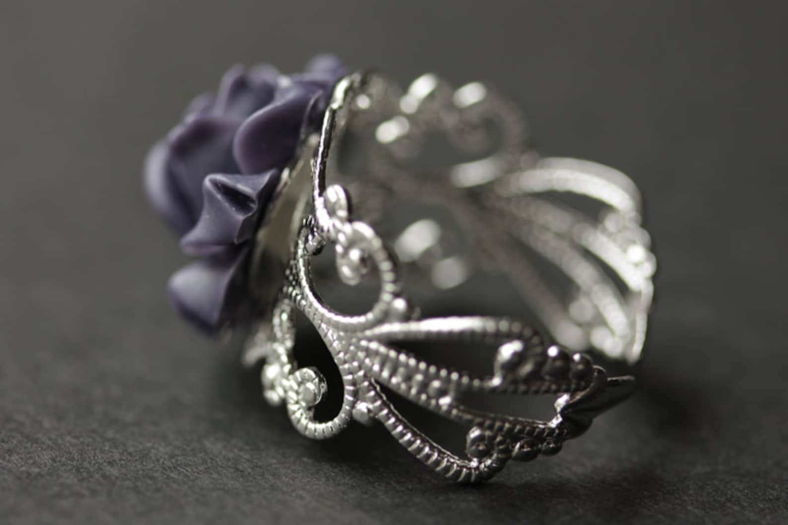 Rose Ring. Purple Rosebud Ring. Dark Purple Flower Ring. | Etsy