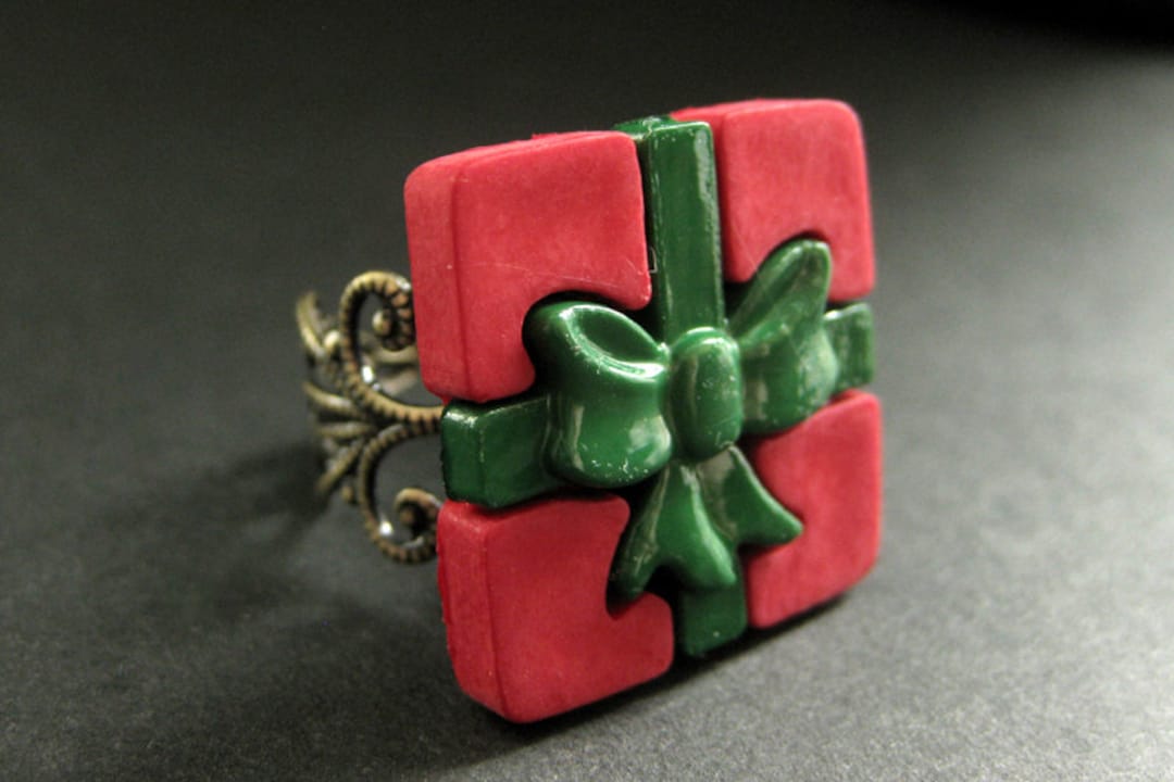 Red Christmas Present Ring. Holiday Ring. Christmas Ring. Bronze ...
