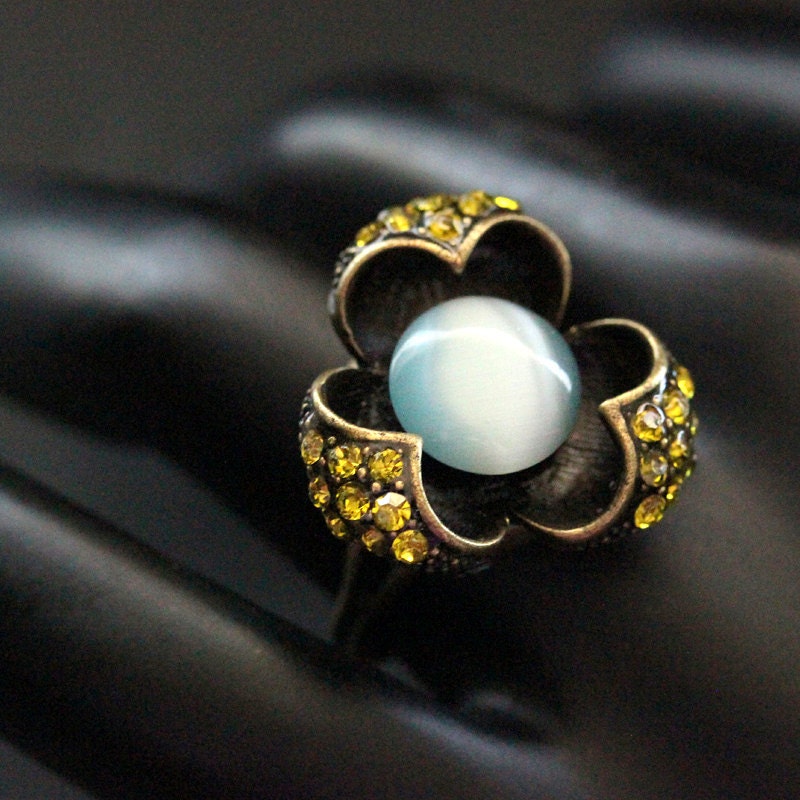 Lotus Flower Ring in Bronze. Rhinestone and Cats Eye Button | Etsy