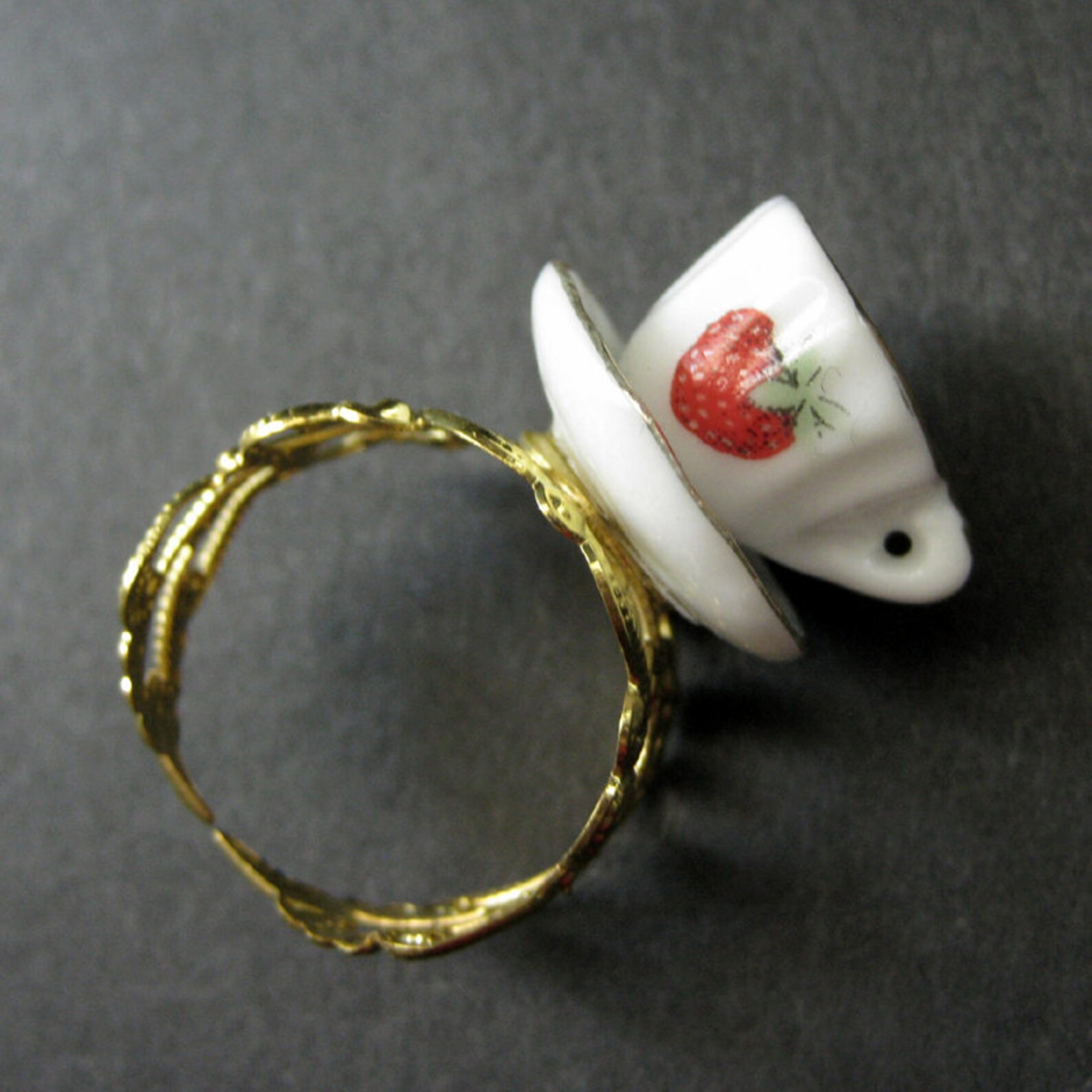 Strawberry Teacup Ring. Porcelain Tea Cup Ring. Gold Filigree ...