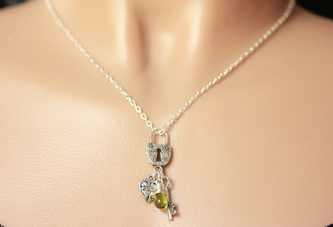 Lock Necklace. Silver Lock Charm Necklace With Heart and Key Charms ...