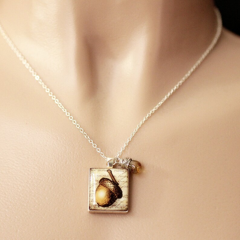 Acorn Necklace. Scrabble Tile Necklace. Acorn Charm Necklace With Brown ...