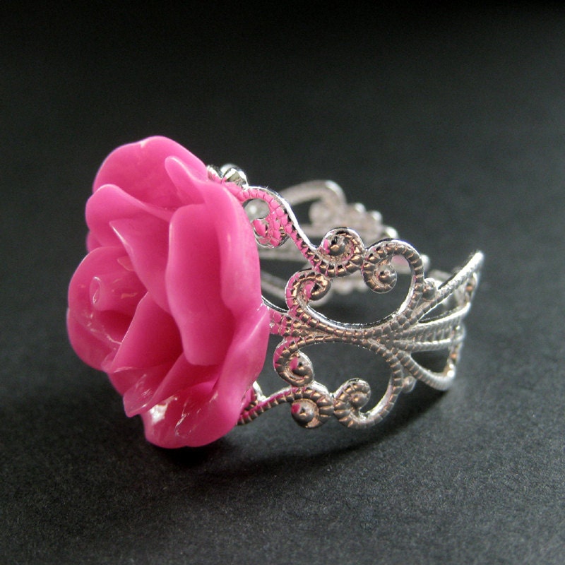 Hot Pink Rose Ring. Pink Flower Ring. Filigree Adjustable - Etsy