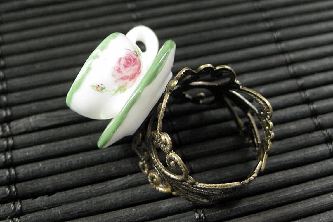 Porcelain Teacup Ring With Green Trim and Pink Flowers. Bronze Filigree ...