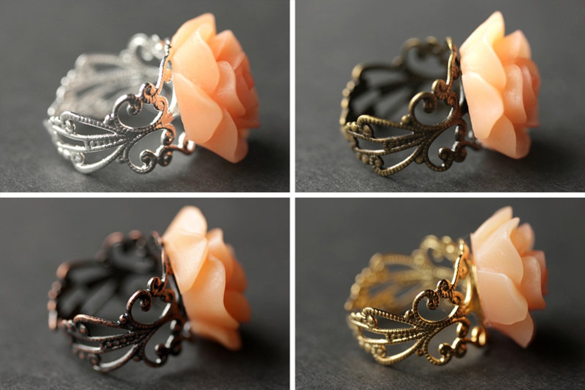 Peach Rose Ring. Peach Flower Ring. Gold Ring. Silver Ring. Bronze Ring ...