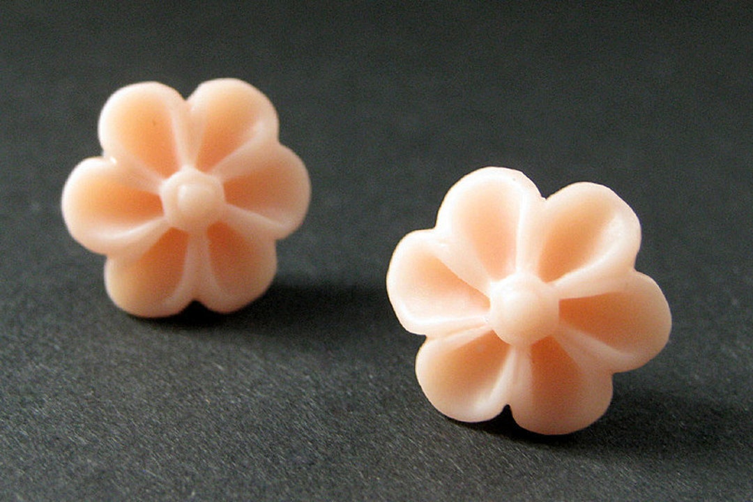 Soft Peach Flower Earrings With Silver Earring Posts. Outie Button ...