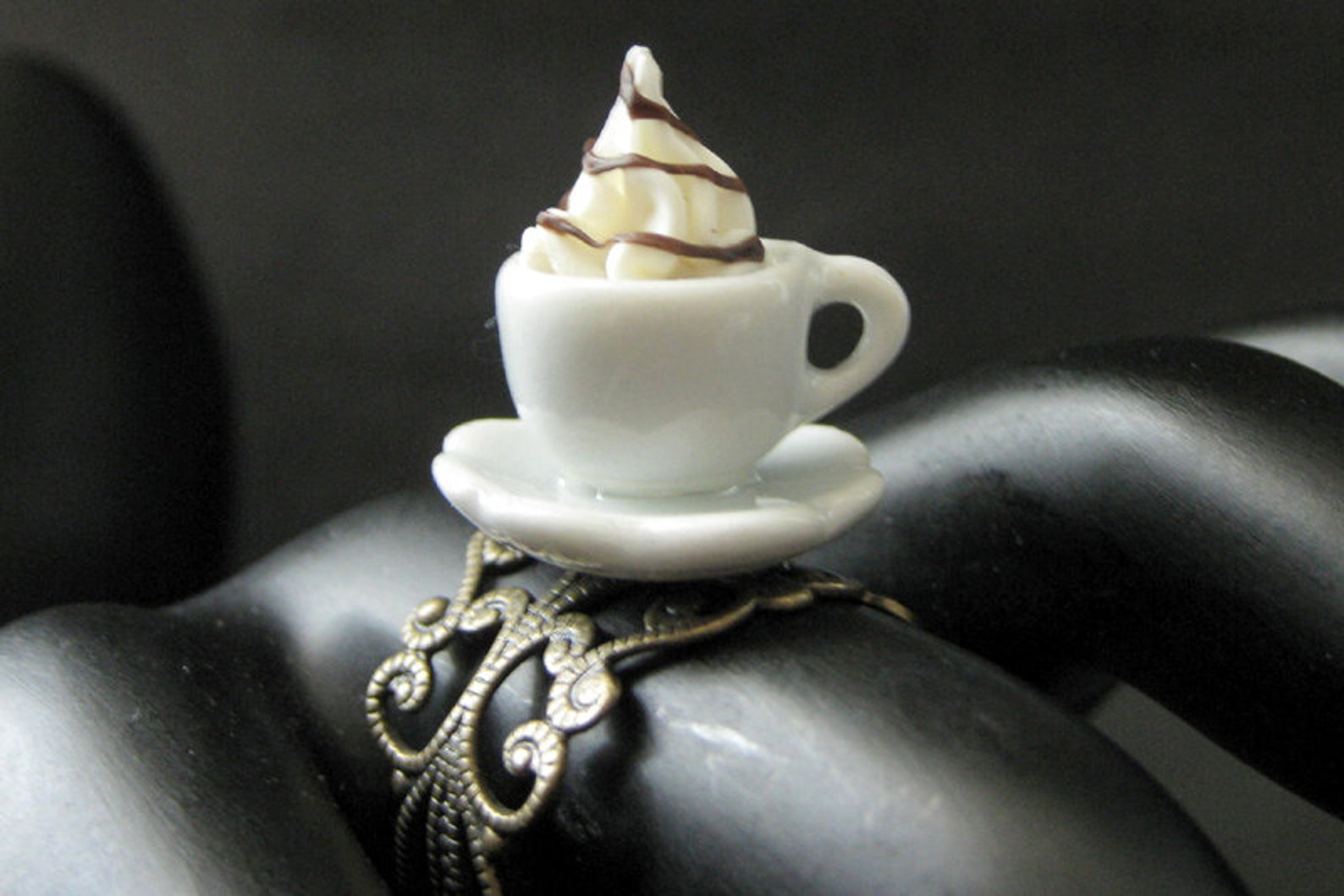 Ice Cream Ring With Chocolate Syrup Topping. Dessert Ring. White Teacup ...