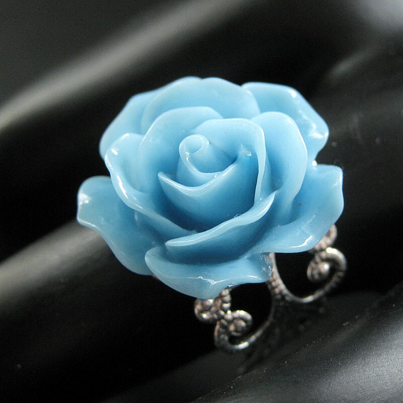Baby Blue Rose Ring. Sky Blue Flower Ring. Filigree Adjustable Ring ...