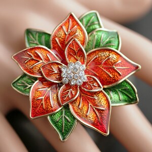 Large Poinsettia Flower Ring. Christmas Ring. Enameled Poinsettia Ring ...