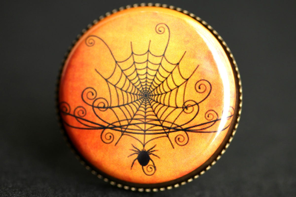 Black Spider Ring. Halloween Ring. Spider Web Button Ring. Adjustable ...