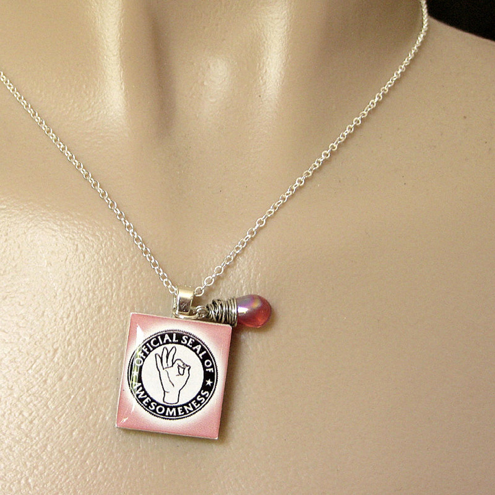 Scrabble Tile Necklace. Seal of Awesomeness Charm Necklace With Pink ...