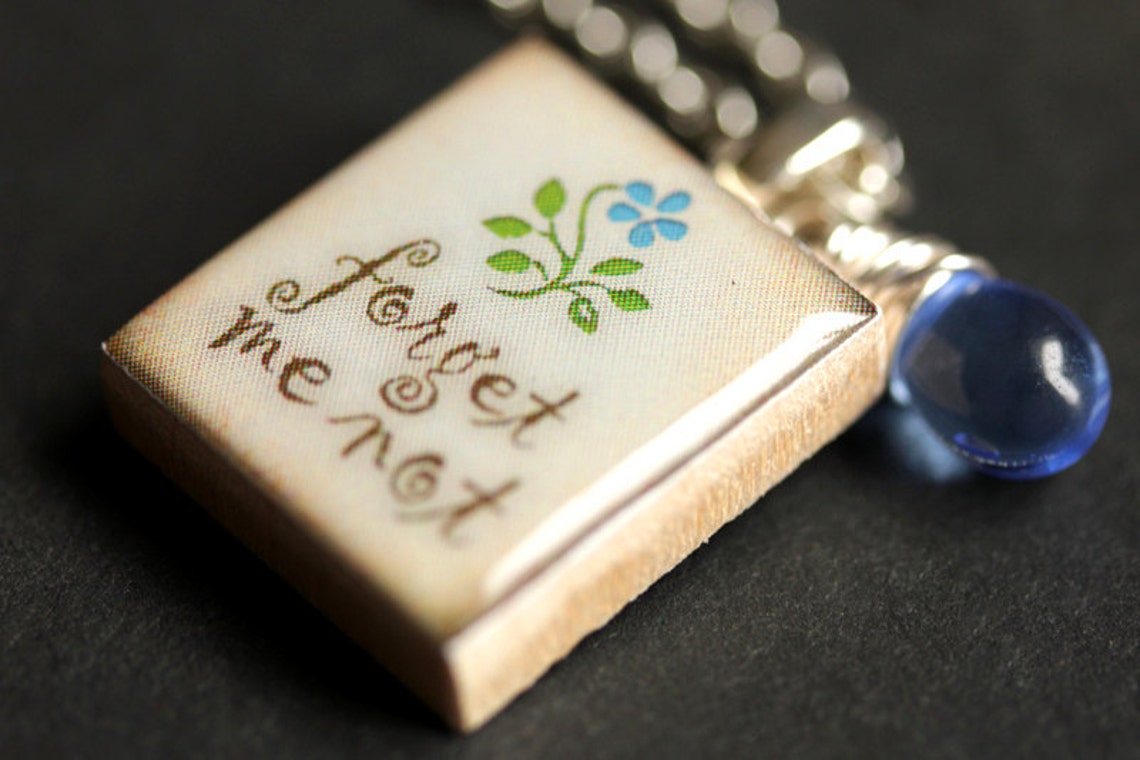 Scrabble Tile Necklace. Forget Me Not Charm Necklace With Blue | Etsy