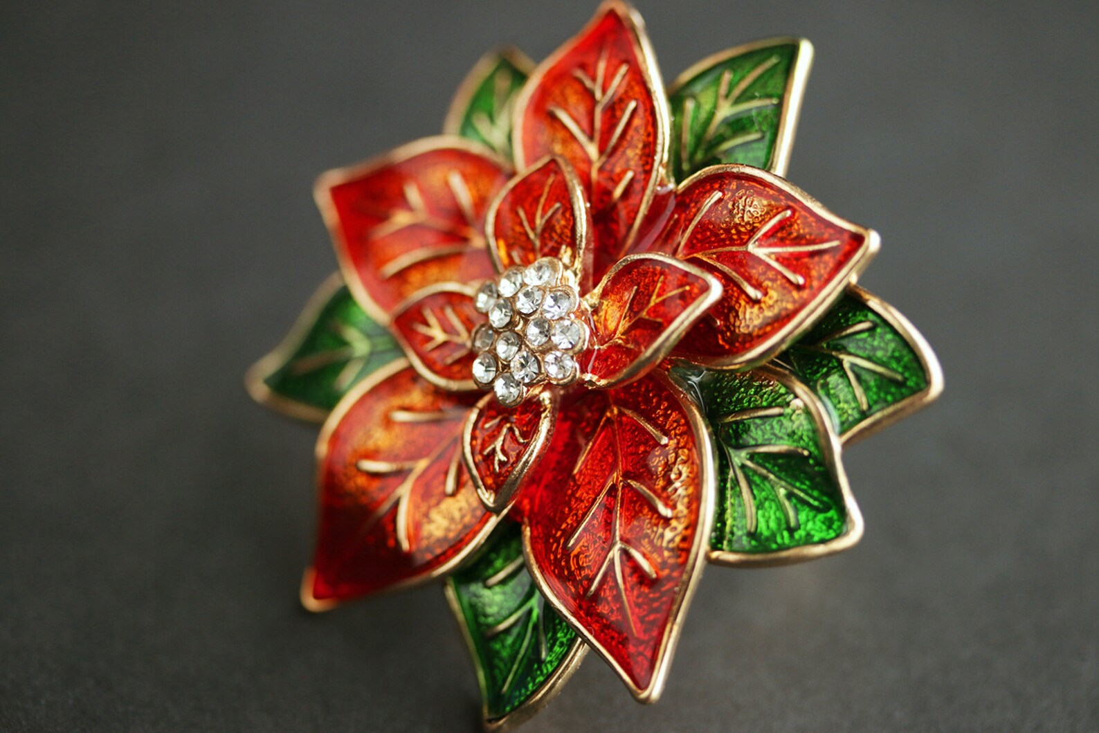 Large Poinsettia Flower Ring. Christmas Ring. Enameled Poinsettia Ring ...