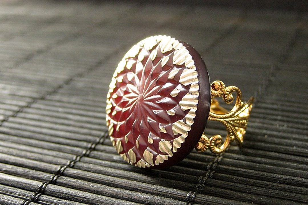 Maroon Button Ring With Golden Sun Design. Dark Red Ring. Gold ...