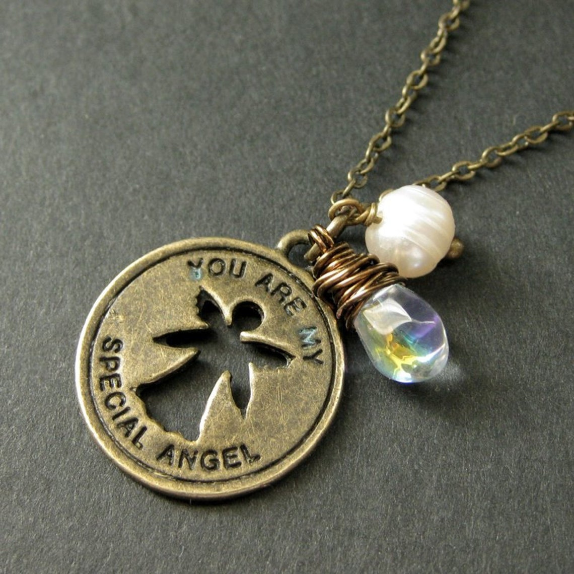 Special Angel Necklace in Bronze with Wire Wrapped Teardrop | Etsy