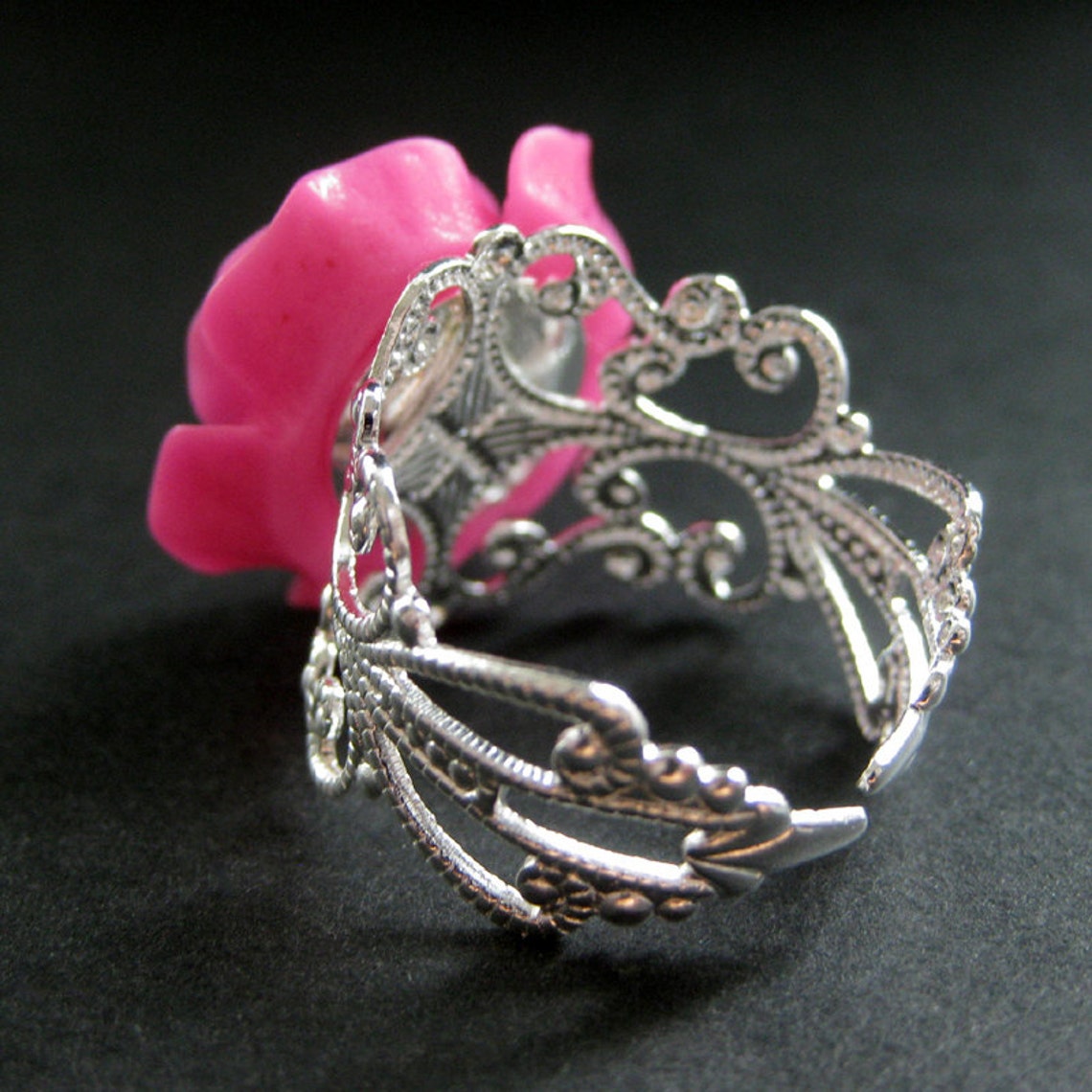 Hot Pink Rose Ring. Pink Flower Ring. Filigree Adjustable Ring. Flower ...