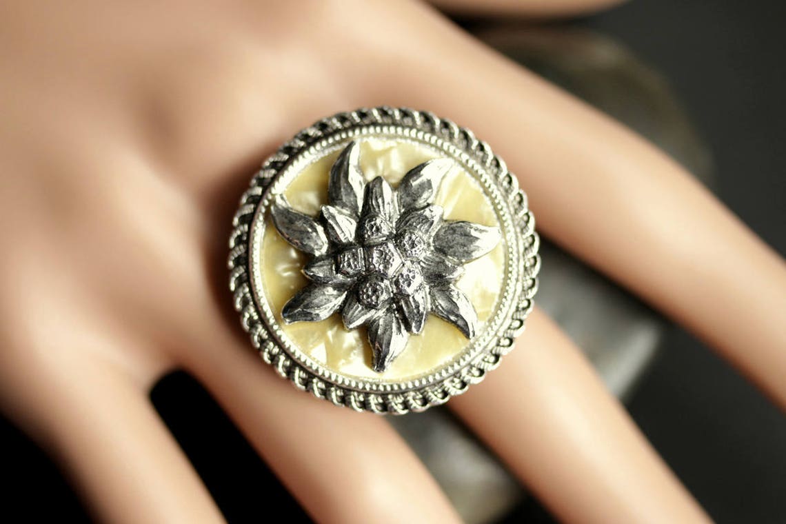 Upcycled Brooch Ring. Flower Bouquet Ring in Tan and Silver. Adjustable ...