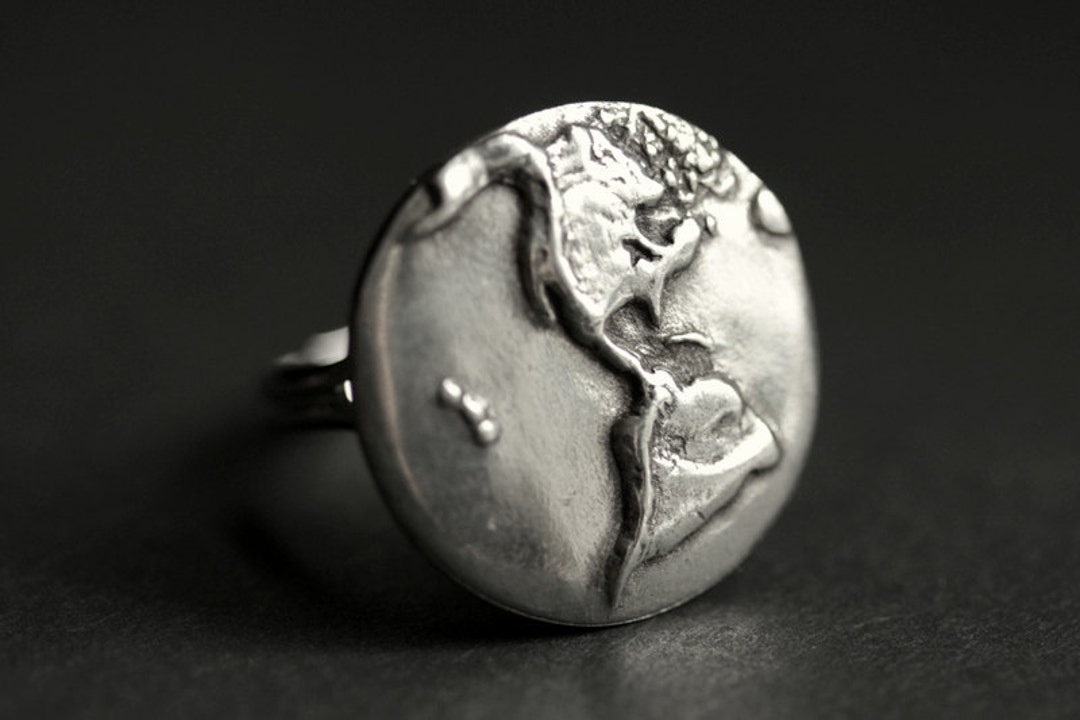 Earth Ring. World Ring. Pewter Button Ring. Planet Earth Ring ...