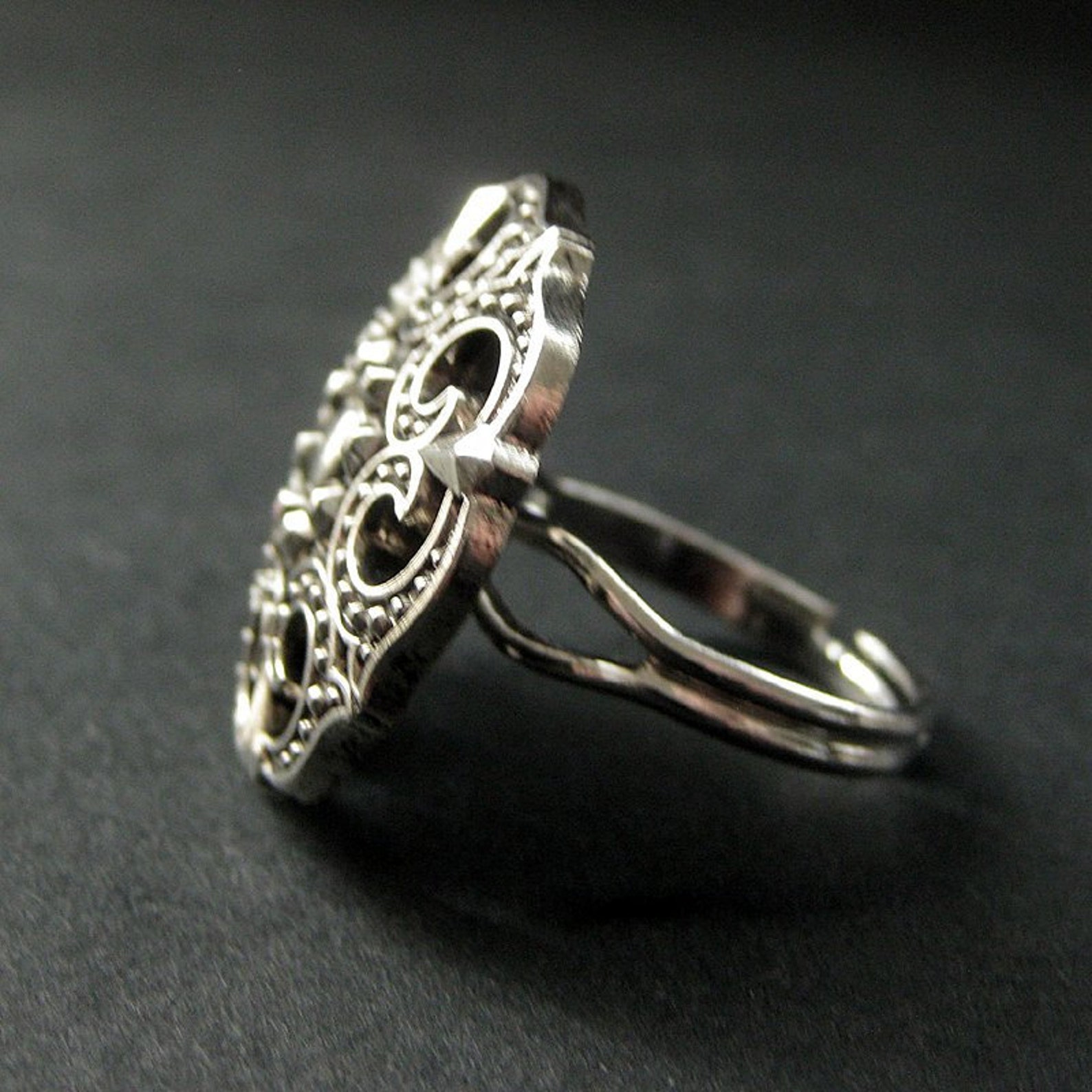 Silver Button Ring in With Floral Medallion Face. Adjustable - Etsy