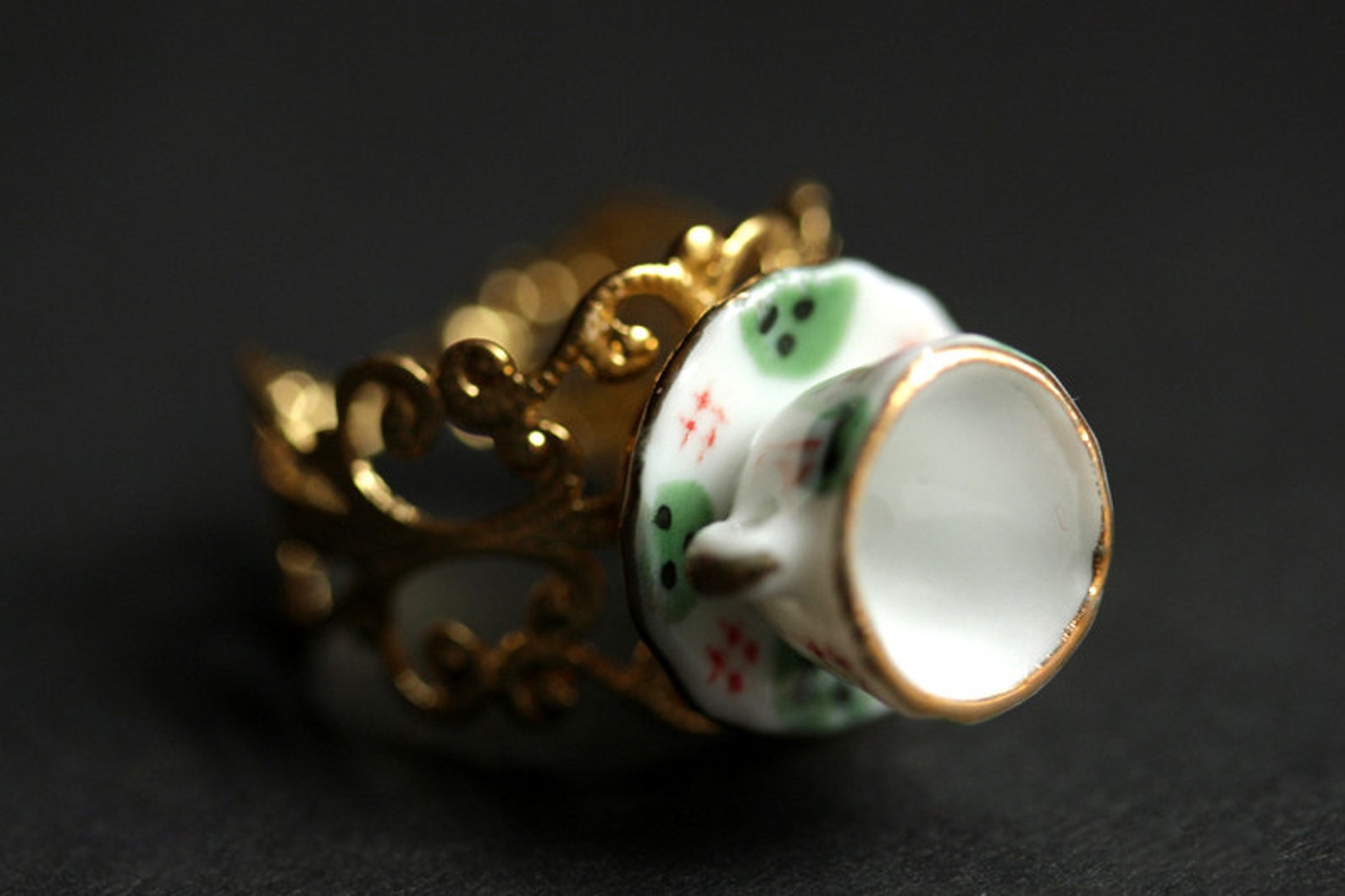 Porcelain Teacup Ring. Green and Red Tea Cup Ring. Gold Ring. Miniature ...