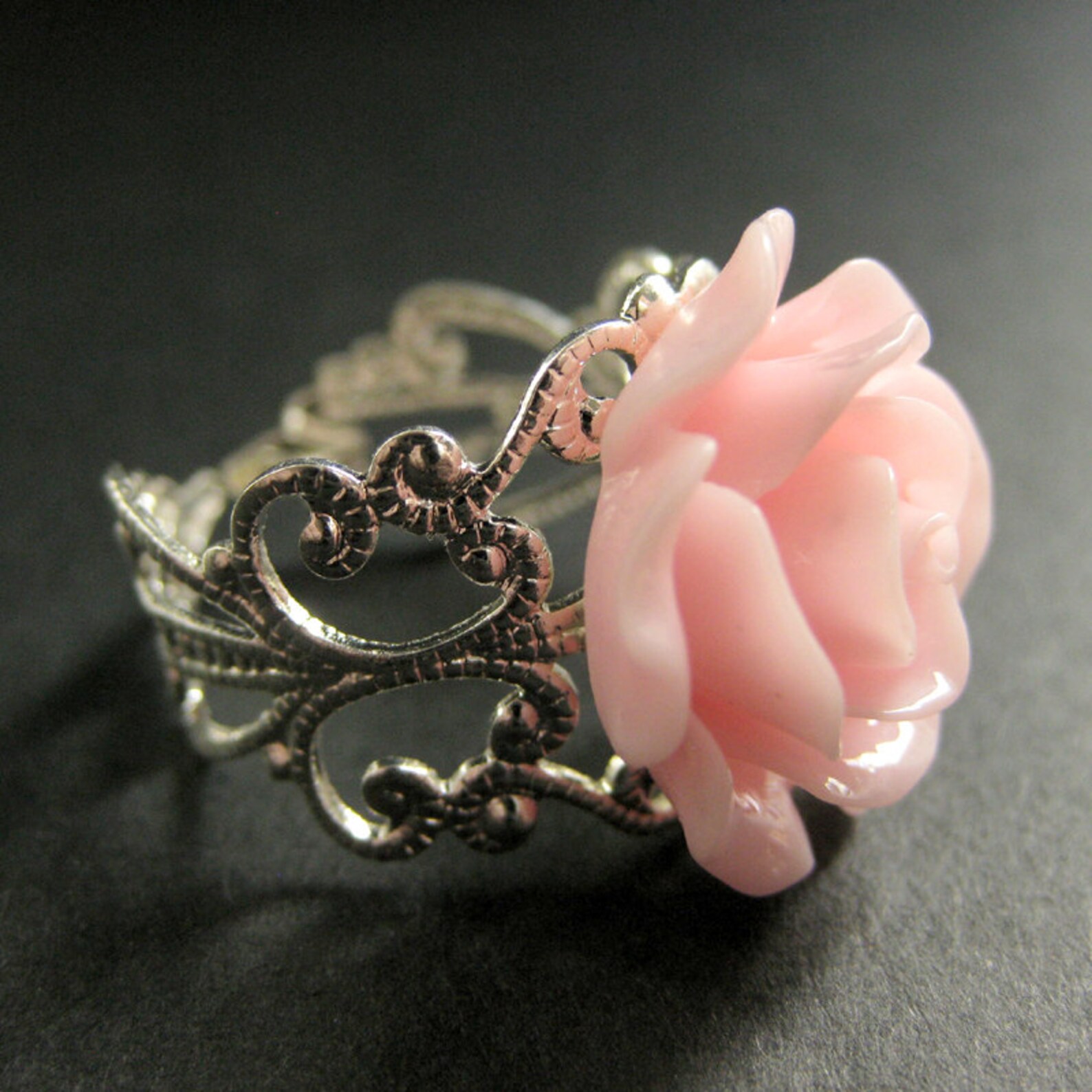 Pink Rose Ring. Pink Flower Ring. Adjustable Ring. Filigree - Etsy