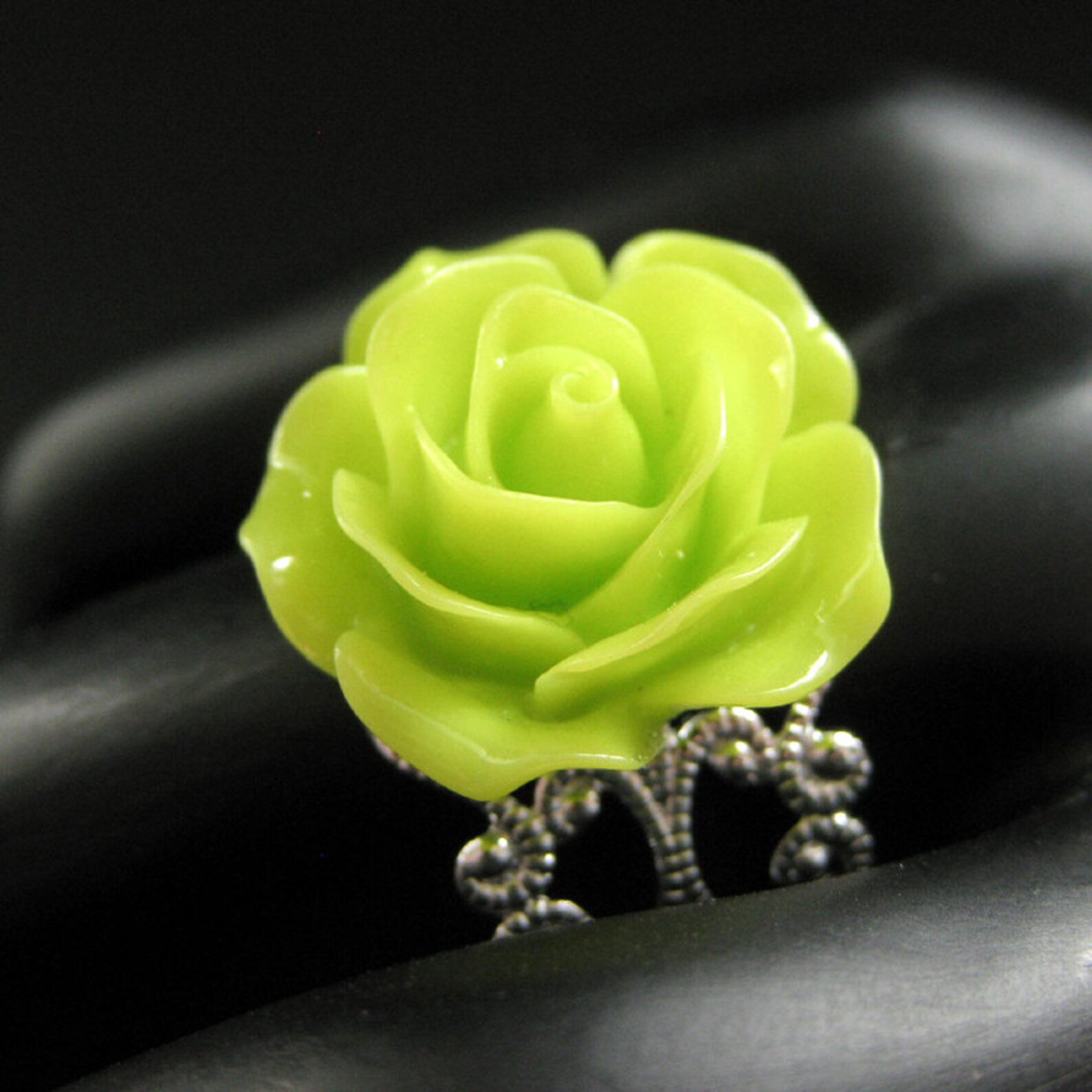 Lime Green Rose Ring. Lime Flower Ring. Filigree Adjustable Ring ...