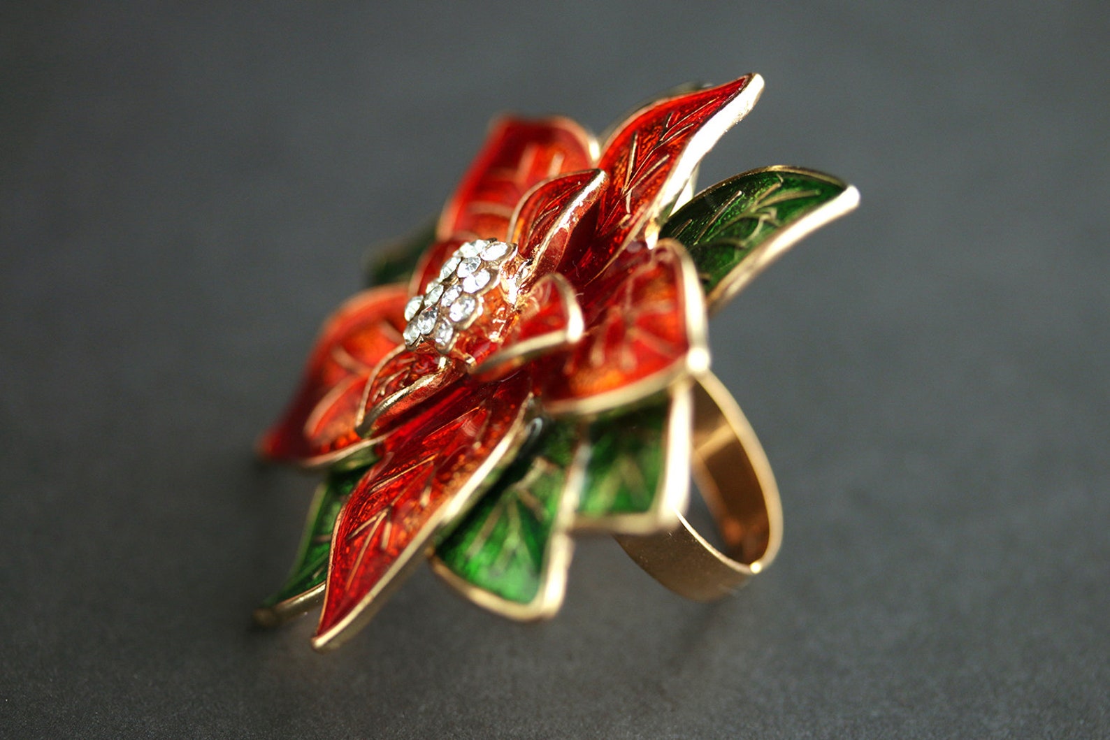 Large Poinsettia Flower Ring. Christmas Ring. Enameled Poinsettia Ring ...