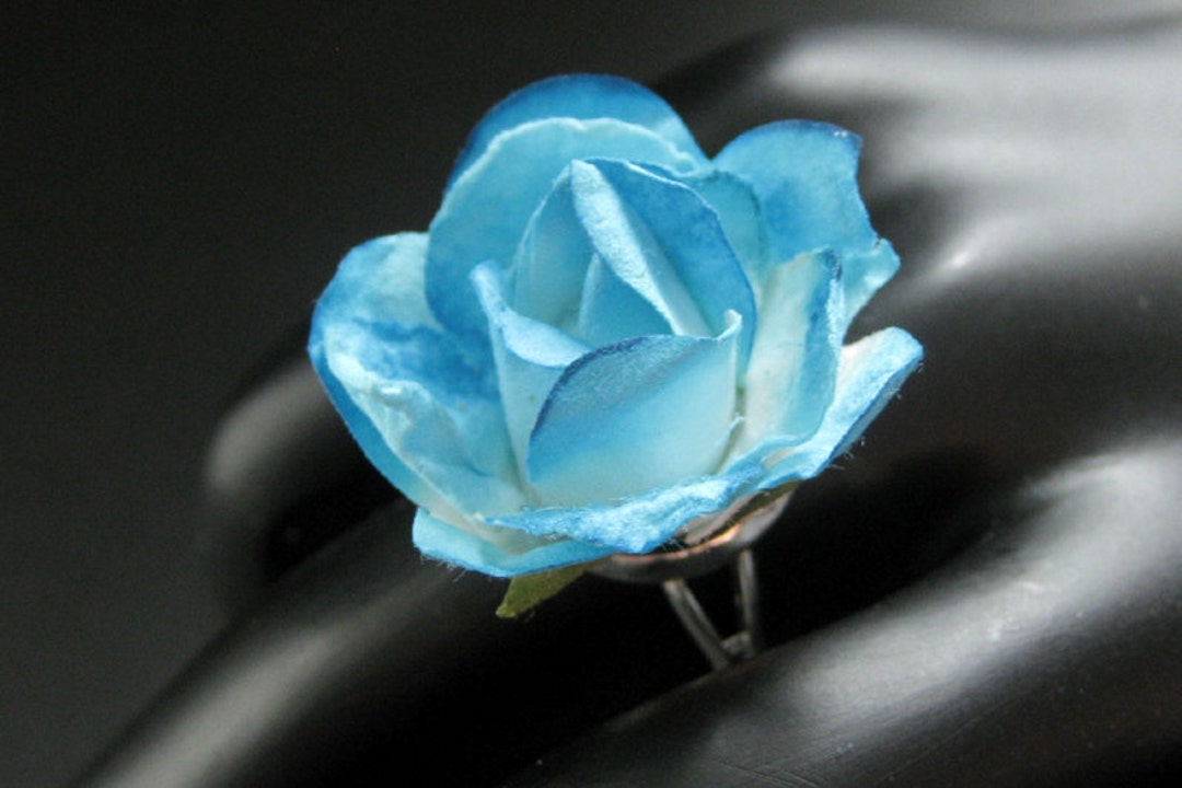 Turquoise Blue Flower Ring With Dyed Paper Rose Flower. Adjustable Ring ...